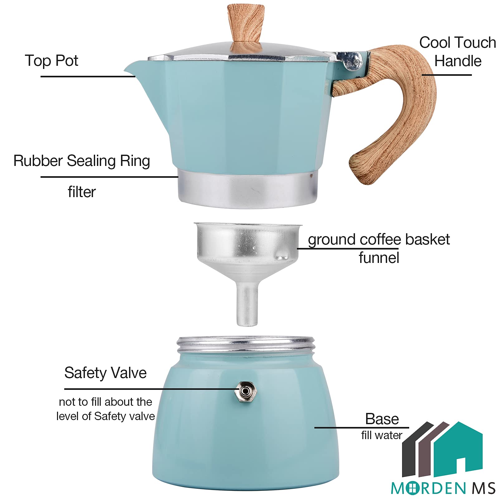 MORDEN MS Moka Pot Stovetop Espresso Maker 3 Cup - 5 oz Italian Coffee Maker, Manual Cuban Coffee Percolator Machine Italian Espresso Greca Coffee Maker for Cappuccino or Latte