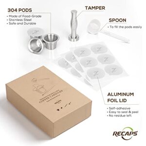 RECAPS Reusable Coffee Filter Capsules Compatible with Nespresso Original 3PCS Refillable Coffee Pods Permanent Coffee Filter Stainless Steel 120PCS Aluminum Foil Lids Coffee Tamper