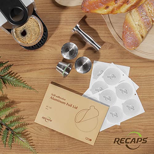 RECAPS Reusable Coffee Filter Capsules Compatible with Nespresso Original 3PCS Refillable Coffee Pods Permanent Coffee Filter Stainless Steel 120PCS Aluminum Foil Lids Coffee Tamper