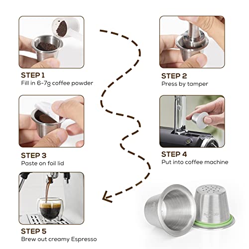 RECAPS Reusable Coffee Filter Capsules Compatible with Nespresso Original 3PCS Refillable Coffee Pods Permanent Coffee Filter Stainless Steel 120PCS Aluminum Foil Lids Coffee Tamper