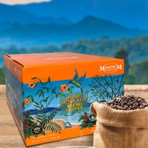 Magnum Exotics Coffee, Blue Mountain Coffee Blend - Light-Medium Roast, Ground Coffee Pods, Single Serve, Made With 100% Arabica Coffee Beans, Freshly Roasted Beans, Mild Acidity - Blue Mountain Blend, 42 Count