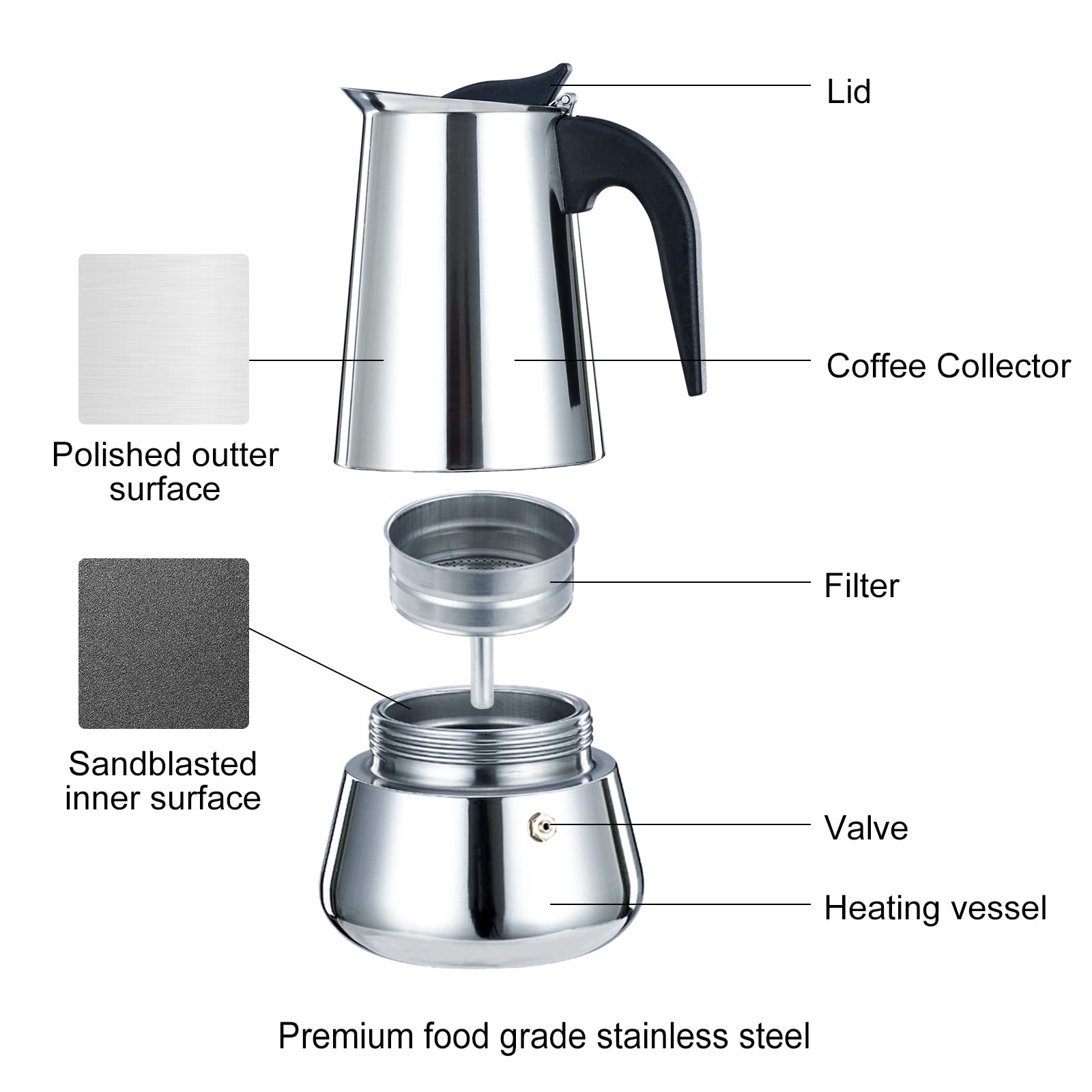 Simyolife Stovetop Espresso Maker Stainless Steel Italian Coffee Maker Moka Pot Induction-Capable Moka Coffee Machine Cafe Percolator Maker, Silver (12-Cups, 20oz/600ML)-Mother's Day Gifts