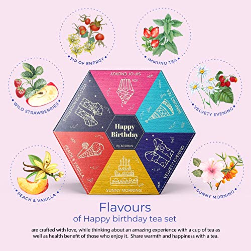 Acorus Happy Birthday Tea Gift Sets | Tea set Birthday Present to Those who we care about | Selection of Fruit, Herbal and Black Tea with Warm Wishes Written all Over the Box | 60 Tea Bags