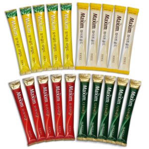 korean instant coffee mix variety 20 sticks of 4 types single serve/maxim instant mocha white decaf original flavors 5 sticks each (pack of 20 sticks)