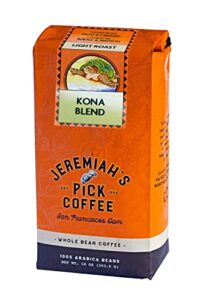 jeremiah's pick coffee kona blend, light roast whole bean coffee, 10 ounce bag