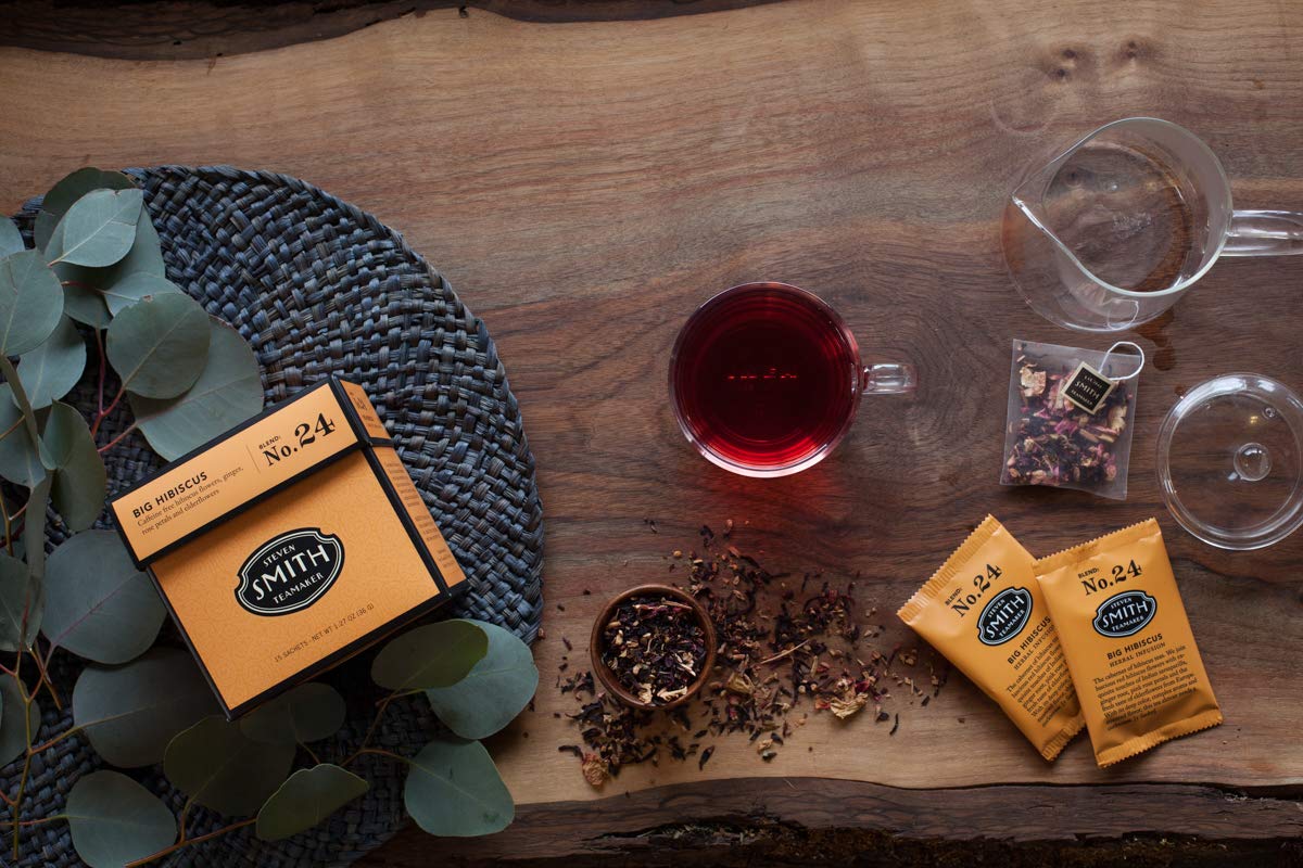 Smith Teamaker | Big Hibiscus No. 24 - Hibiscus, Ginger, Rose Petals & Elderflowers | Sugar-Free, Non-GMO, Plant Based Caffeine-Free Hibiscus Blend (15 Sachets, 1.27oz each)