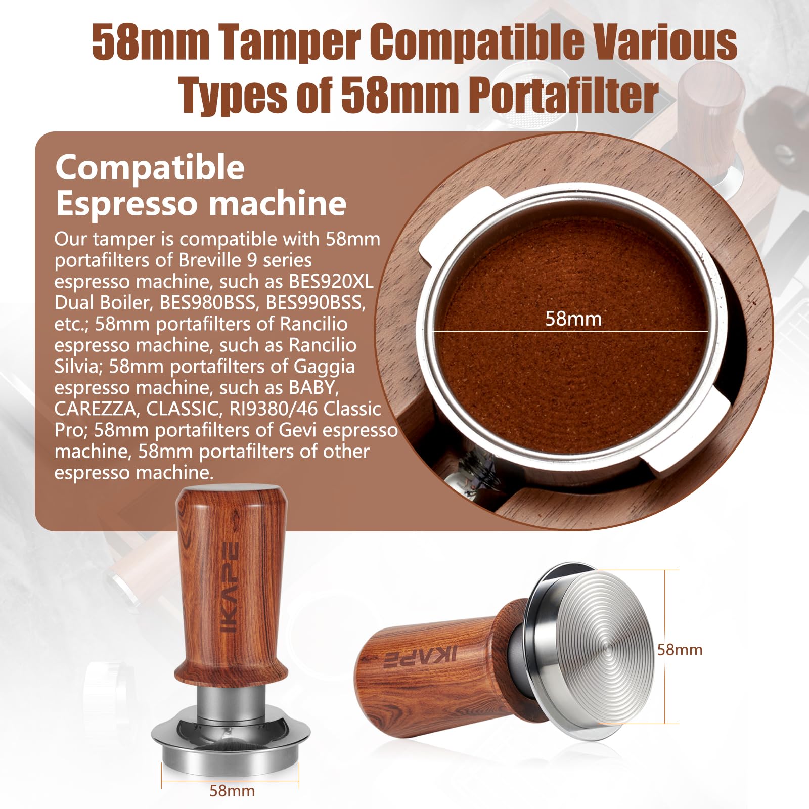 IKAPE 58.35mm Espresso Coffee Tamper, Spring-loaded Calibrated Tamper with Premium Stainless Steel,Walnut Wooden-Handle Tamper Compatiable with Over 58MM Espresso Machine Bottomless Portafilter