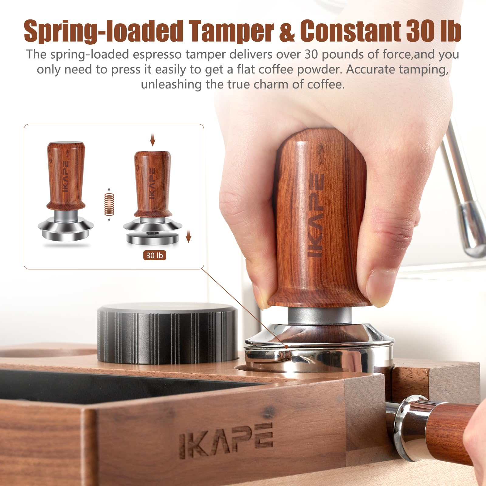 IKAPE 58.35mm Espresso Coffee Tamper, Spring-loaded Calibrated Tamper with Premium Stainless Steel,Walnut Wooden-Handle Tamper Compatiable with Over 58MM Espresso Machine Bottomless Portafilter