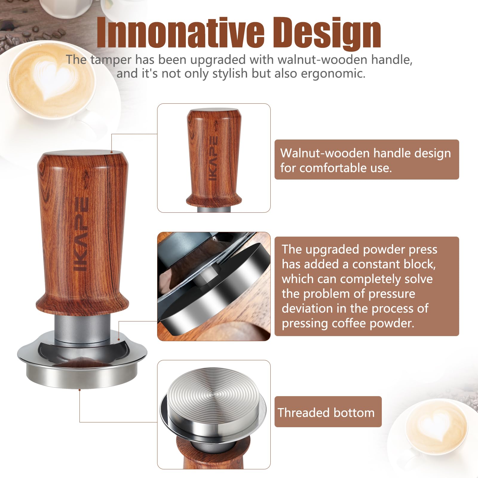 IKAPE 58.35mm Espresso Coffee Tamper, Spring-loaded Calibrated Tamper with Premium Stainless Steel,Walnut Wooden-Handle Tamper Compatiable with Over 58MM Espresso Machine Bottomless Portafilter