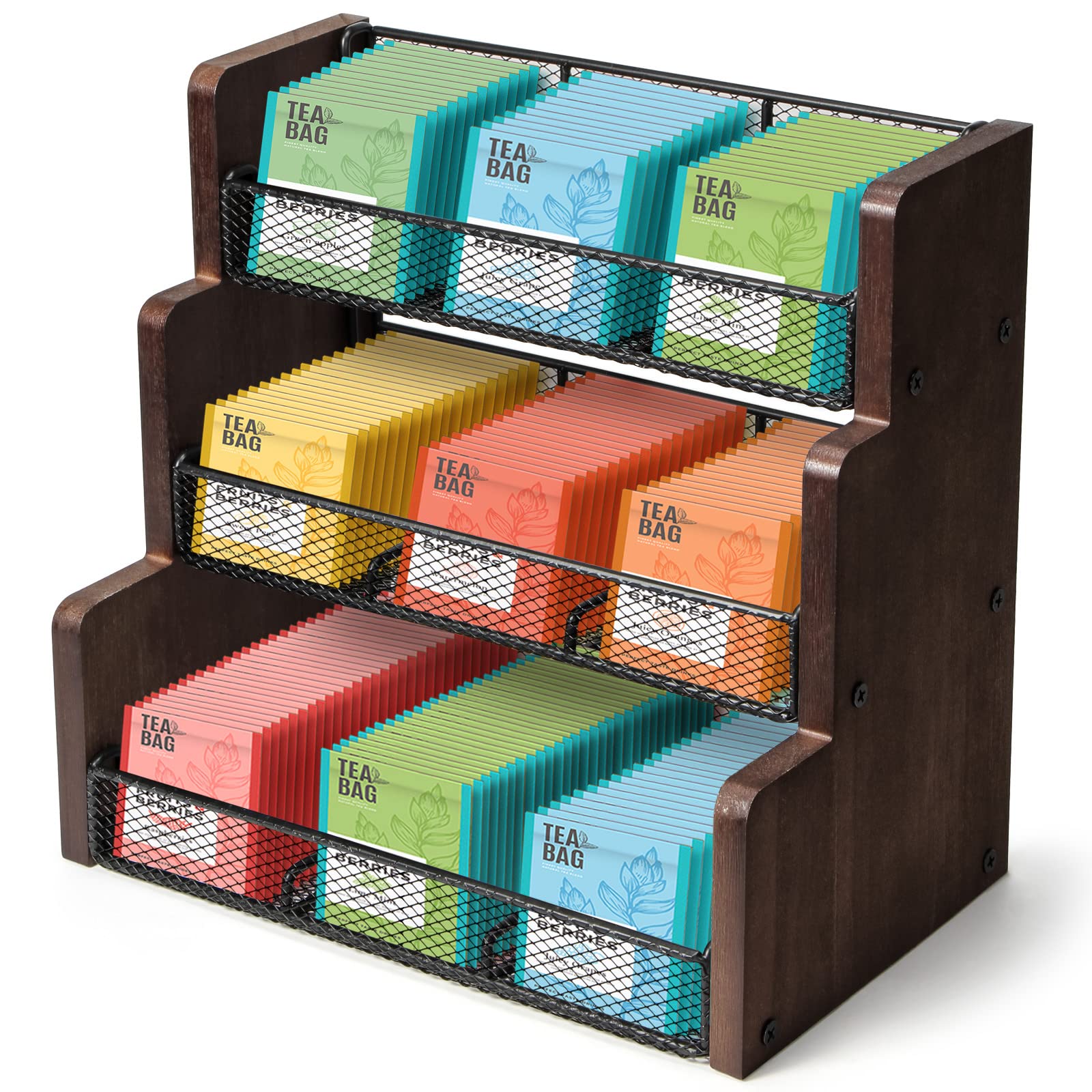 TJ.MOREE Tea Bag Organizer 3 Tier Tea Storage, Solid Wood Tea Storage Chests for Kitchen, Office, Countertop, Cabinet Pantry, Tea Bag, Coffee, Sugar Packets, Creamers Holder