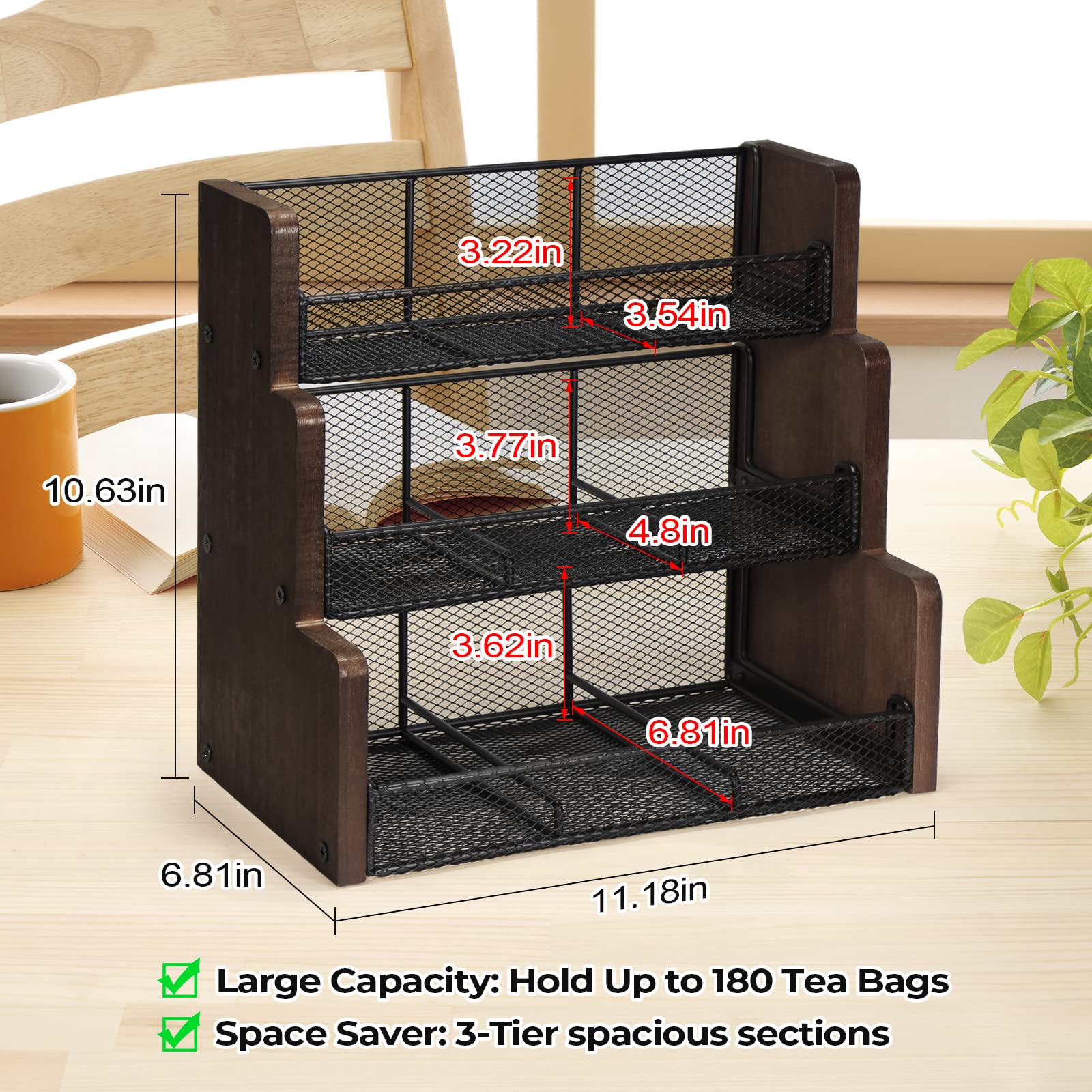 TJ.MOREE Tea Bag Organizer 3 Tier Tea Storage, Solid Wood Tea Storage Chests for Kitchen, Office, Countertop, Cabinet Pantry, Tea Bag, Coffee, Sugar Packets, Creamers Holder