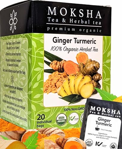 Pure Organic Turmeric Tea Bags with Ginger - Ginger Tea Bags with Turmeric Curcumin By Moksha Tea - 20 Turmeric Ginger Tea Bags