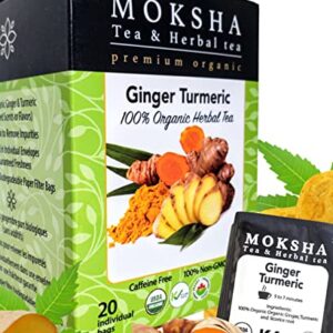 Pure Organic Turmeric Tea Bags with Ginger - Ginger Tea Bags with Turmeric Curcumin By Moksha Tea - 20 Turmeric Ginger Tea Bags