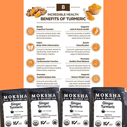 Pure Organic Turmeric Tea Bags with Ginger - Ginger Tea Bags with Turmeric Curcumin By Moksha Tea - 20 Turmeric Ginger Tea Bags