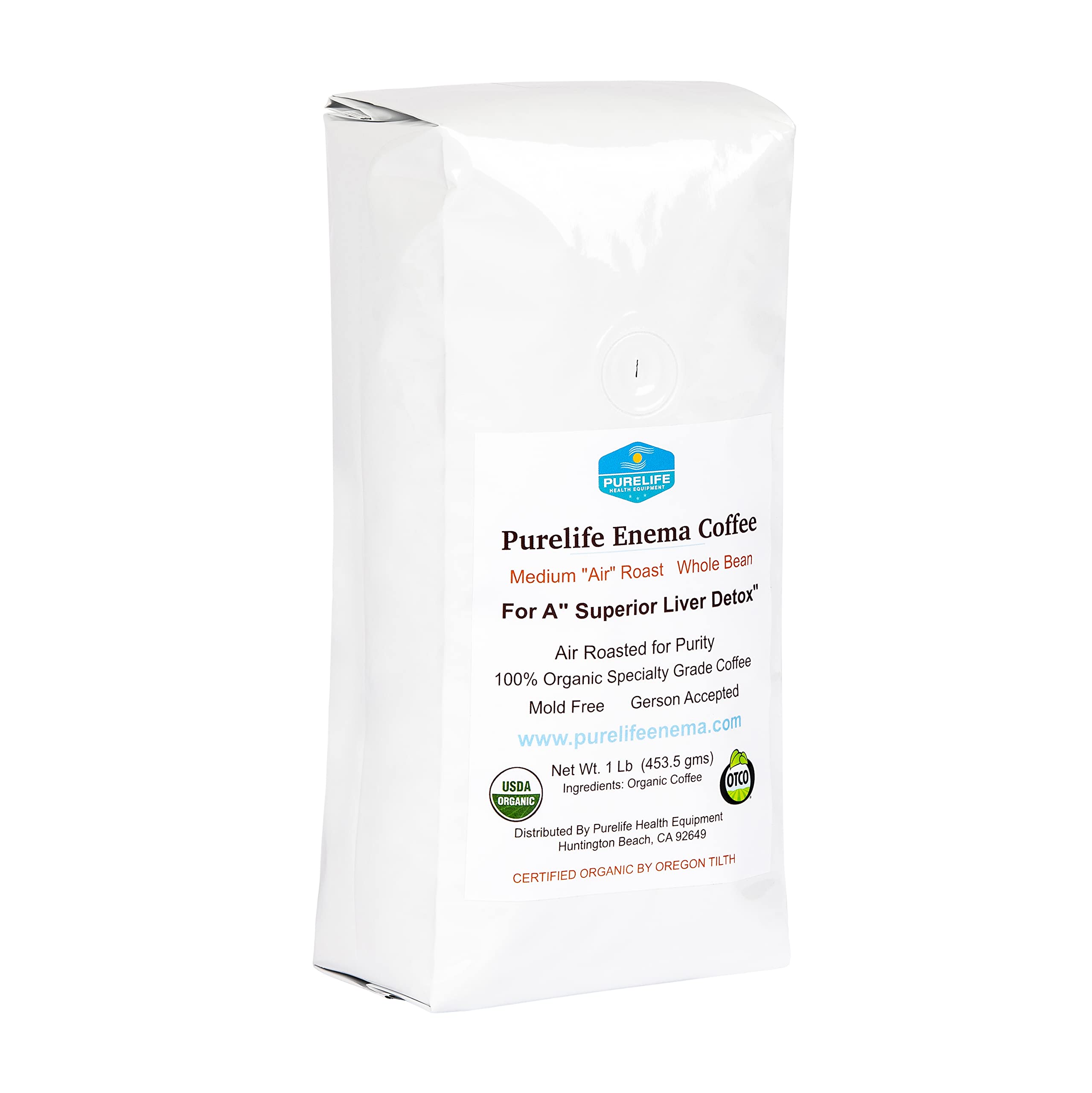 Purelife Mold-Free/Mycotoxin Safe Coffee for Enemas/Lab Tested/WHOLE BEAN - Medium Air Roast -100% Organic/Gerson Recommended - Ships Direct and Fresh From Purelife Enema