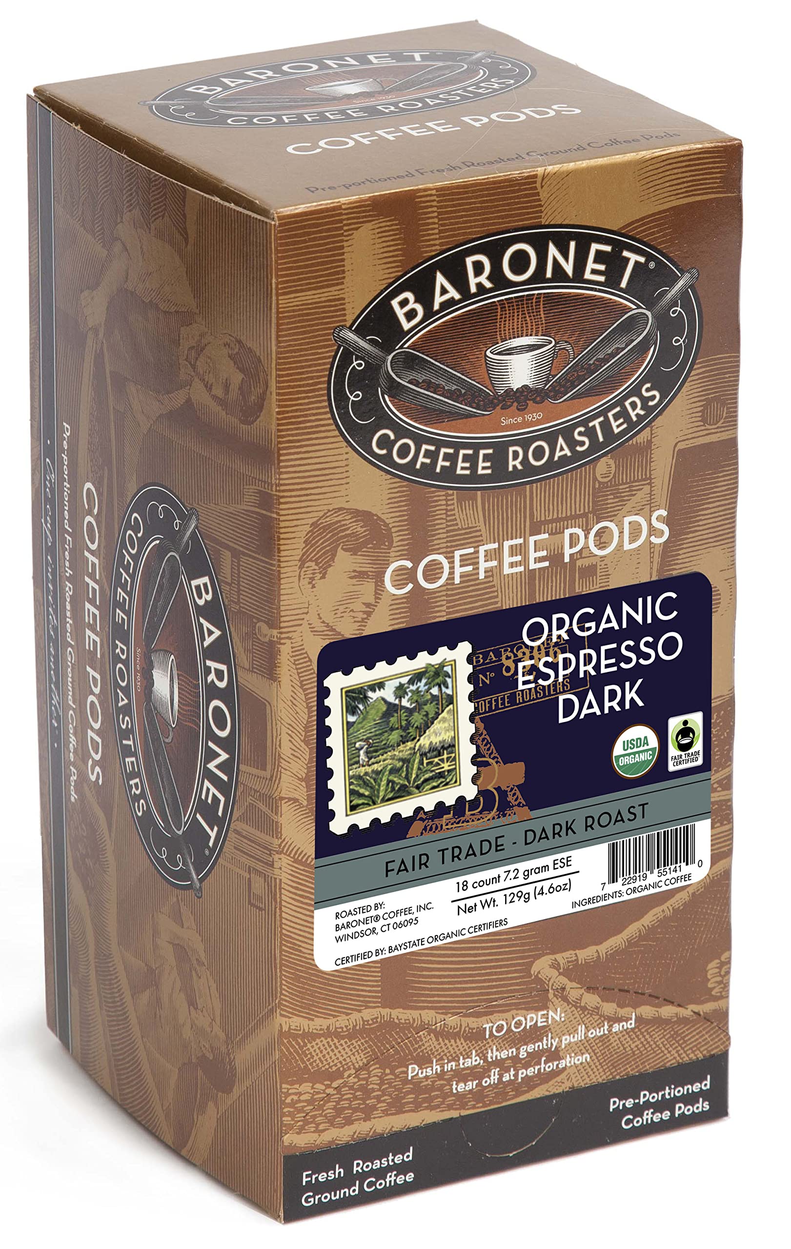 Baronet Coffee Organic ESE Espresso Pods - Espresso Roast , 7.2 Grams - Individually Wrapped for Freshness - Rich, Traditional Flavor - 18 Count (Pack of 3)