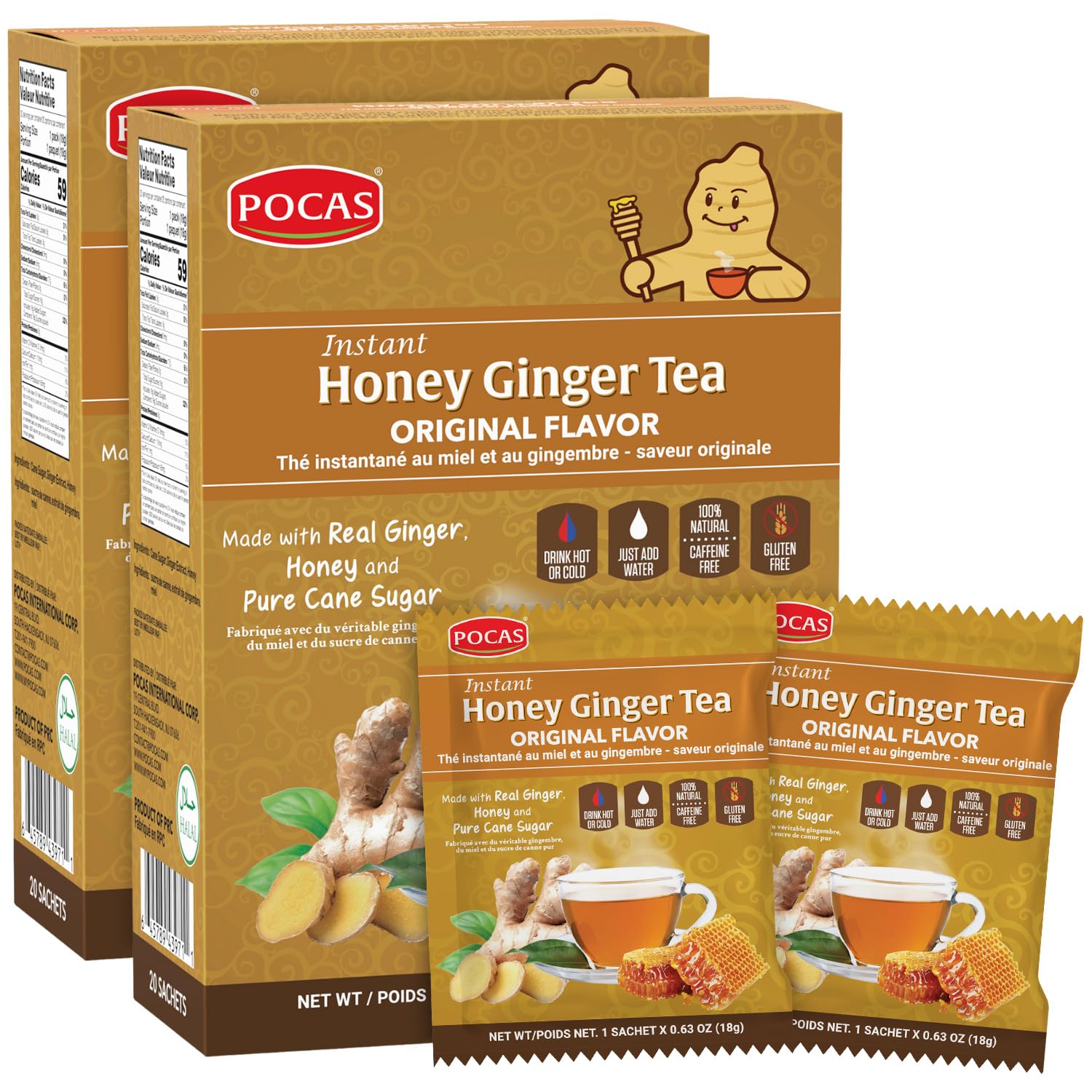 Pocas Honey Ginger Tea - Instant Tea Powder Packets with Ginger Honey Crystals Tea, Non-GMO/Gluten Free/Caffeine Free, 20 Count (Pack of 2)