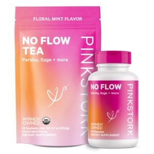 pink stork no flow bundle: stop lactating products, no more lactating products, postpartum essentials, no flow supplement + no flow tea, 2 products