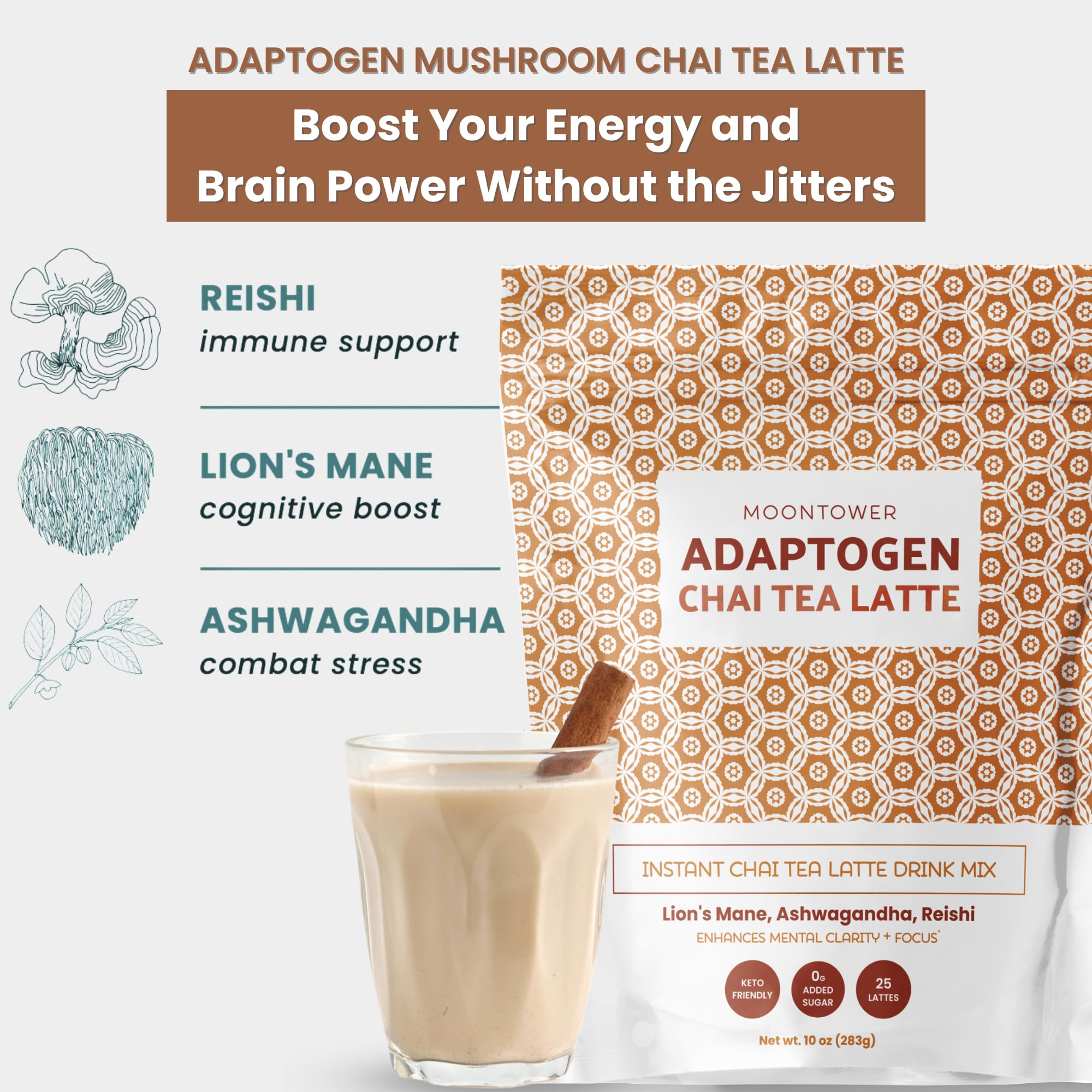 Mushroom Chai Tea Latte Mix by Moontower – Superfood Adaptogenic Mushroom Drink Powder with Ashwagandha, Lions Mane, Reishi, Organic Spices, & Black Tea, Coffee Alternative, Keto, Dairy Free, 10 oz