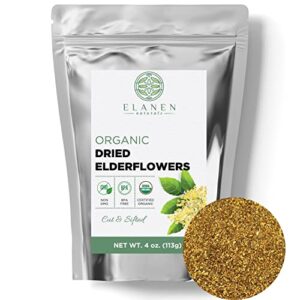 organic dried elderflowers 4 oz. (113g), usda certified organic dried elder flowers, organic elderflower tea, elder herb tea, elderberry flower tea, flor de sauco, whole