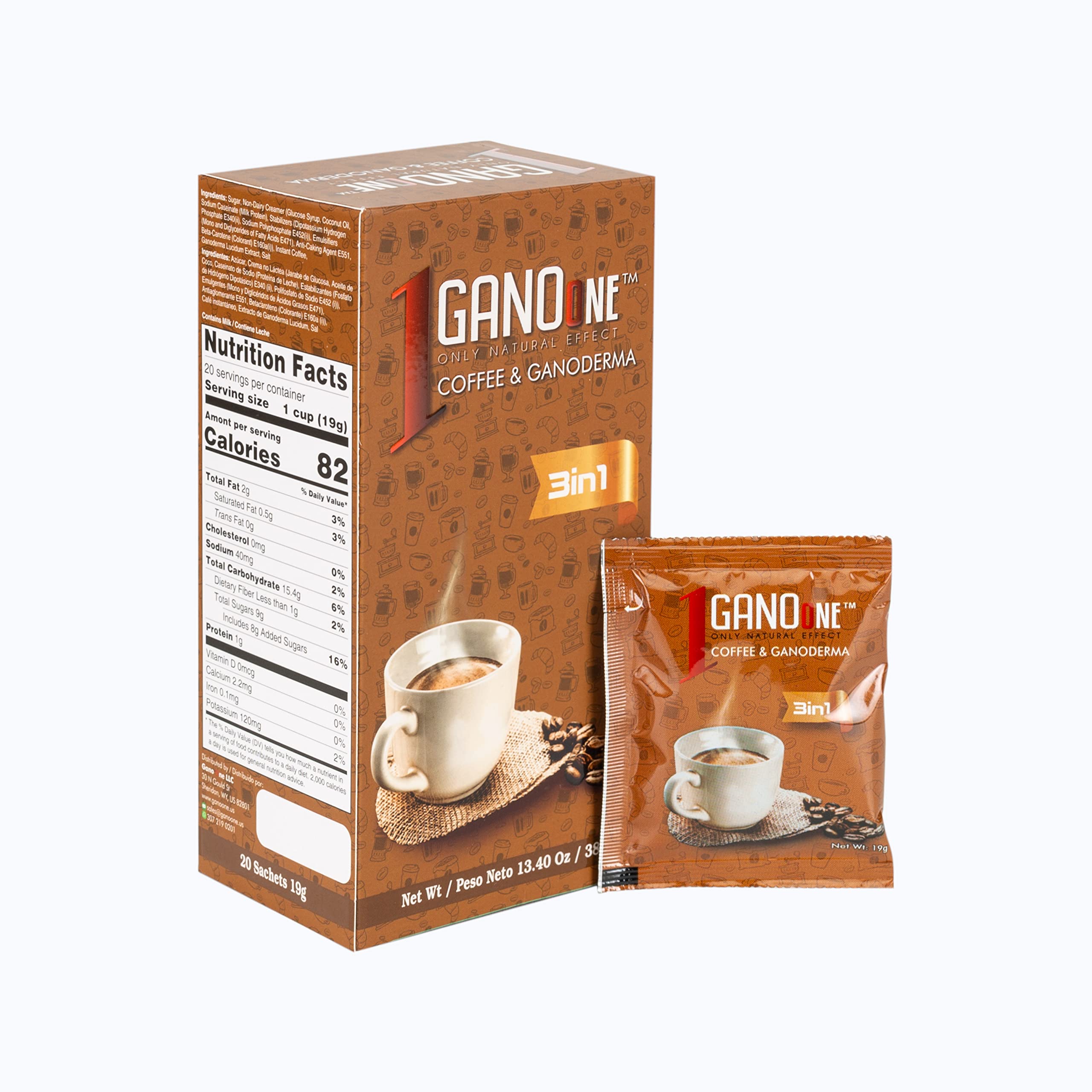 1 Box GanoOne 3 in 1 Reishi Mushroom Instant Coffee - with Organic Ganoderma Extract - Blend with Creamer and Sugar - Easy to Use 20 Single-Serve Sachets