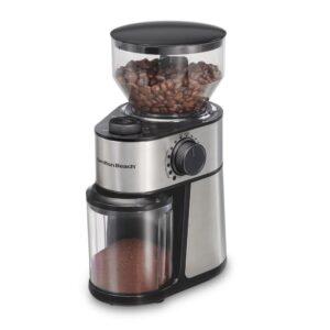 hamilton beach electric burr coffee grinder with large 16oz hopper & 18 settings for 2-14 cups, stainless steel (80385)