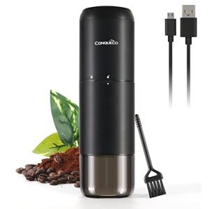 portable electric burr coffee grinder: conqueco small coffee bean grinding machine - rechargeable stainless conical burr grinders with multiple grind settings, 20g (with brush)