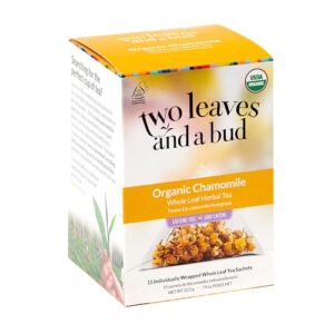 two leaves and a bud organic chamomile herbal tea bags, naturally caffeine free, whole leaf chamomile tea in compostable sachets, 15 count (pack of 1)