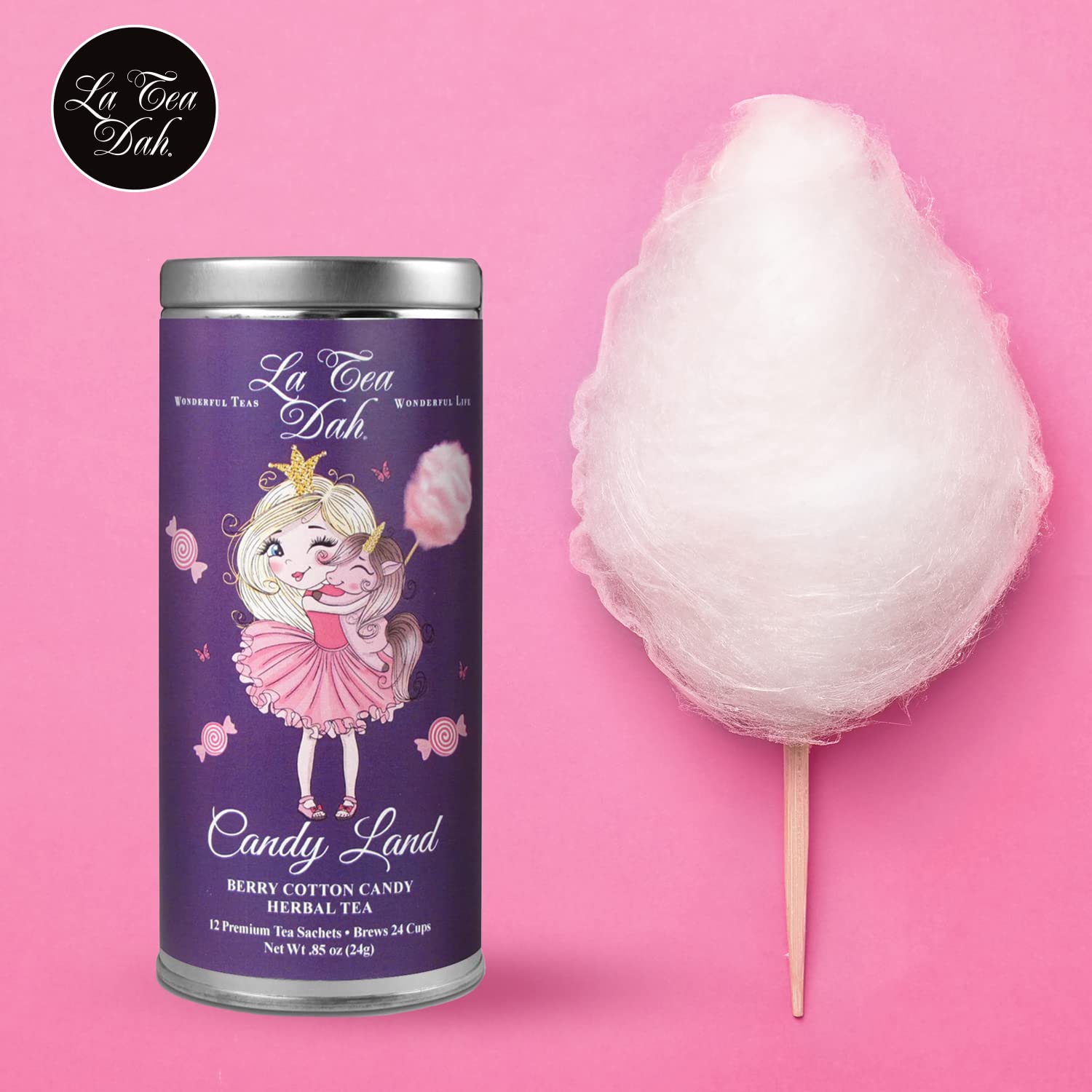 Berry Cotton Candy Childrens Tea by La Tea Dah | Caffeine Free Tea for Kids | Red Rooibos Tea w/Blueberry and Lavender | Unsweetened Dessert Tea | Candy Land Blueberry Tea (12 Decaf Tea Sachets)