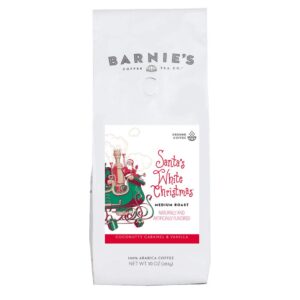 barnie's santa's white christmas whole bean coffee with smooth coconut, caramel and warm vanilla flavors, medium roasted arabica coffee beans, 10 oz bag