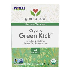 now foods, certified organic green kick tea, with polyphenols, premium unbleached tea bags with no-staples design, no added colors, preservatives, flavors, or sugars, 24-count