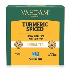 vahdam, usda organic turmeric spice herbal tea bags (15 count) non gmo, gluten free | herbal blend of turmeric, black pepper, cinnamon, bergamot flavor, ginger, cardamom, lemongrass | brew as hot/iced