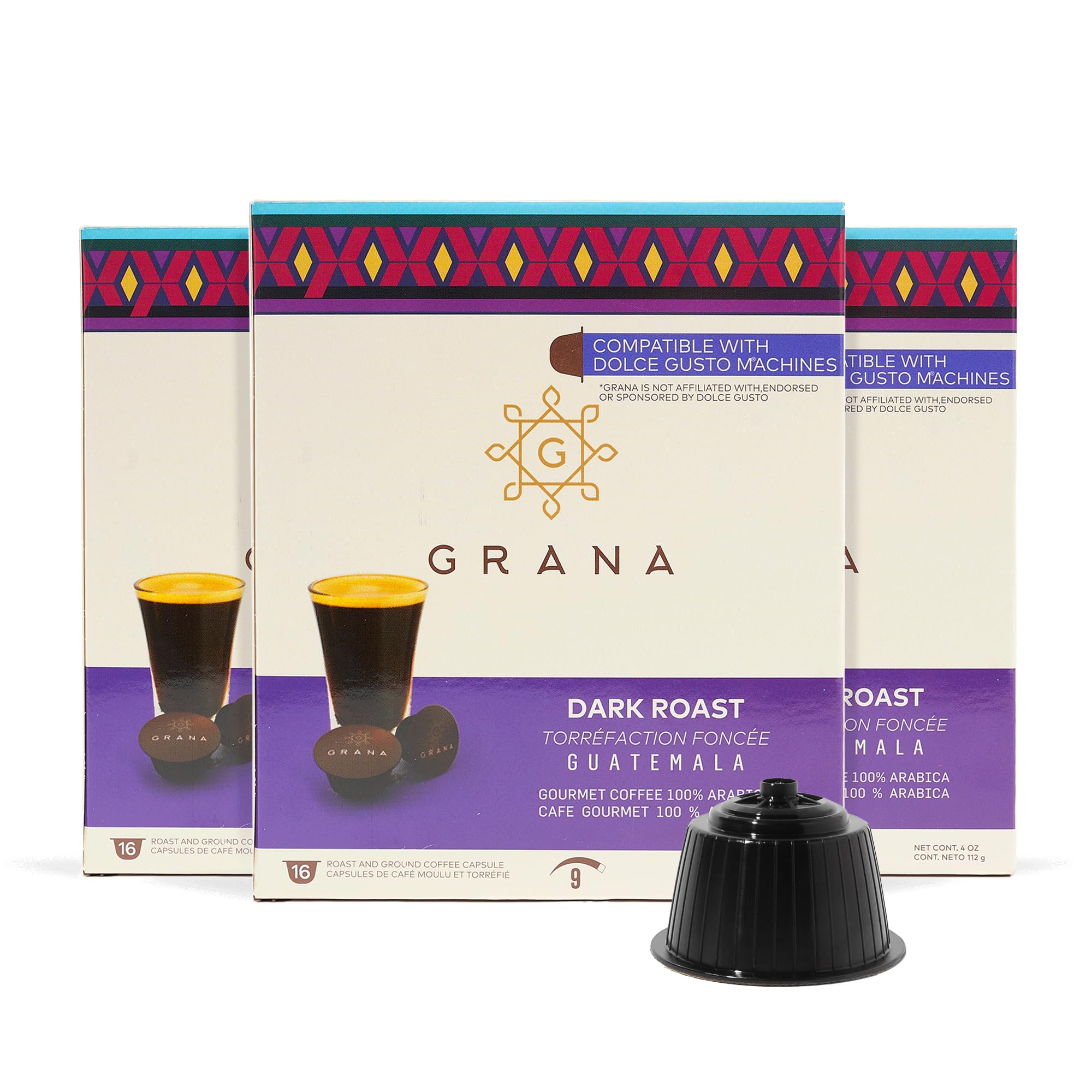 GRANA Dark Roast 48 Capsules Compatible with Nescafe Dolce Gusto - 48 Count of Dolce Gusto (3 Boxes of 16 capsules each) - 100% Arabica Dolce Gusto Coffee Pods