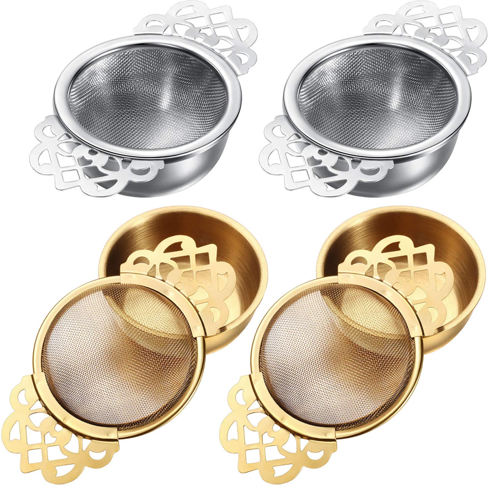 Empress Tea Strainers with Drip Bowls, Mesh Tea Infuser Stainless Steel Loose Leaf Tea Filter with Handles for Better Tea Experience (Silver and Gold,4 Pieces)