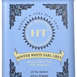 Harney & Son's Mothers Day Winter White Earl Grey Tea (20 Sachets, 1.4oz Tin) - Chinese White Tea Blended with Natural Lemony Bergamot - Caffeinated, Light Bodied Brew - Comes in Decorative Tin