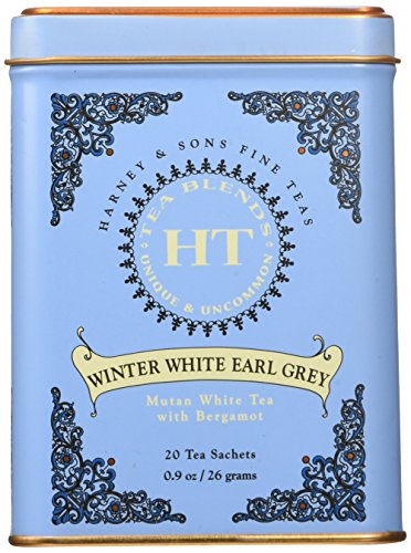 Harney & Son's Mothers Day Winter White Earl Grey Tea (20 Sachets, 1.4oz Tin) - Chinese White Tea Blended with Natural Lemony Bergamot - Caffeinated, Light Bodied Brew - Comes in Decorative Tin