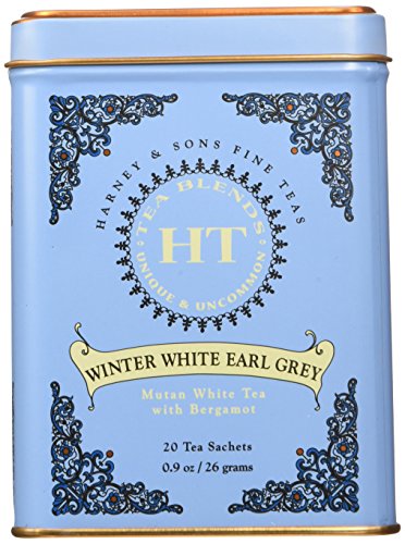 Harney & Son's Mothers Day Winter White Earl Grey Tea (20 Sachets, 1.4oz Tin) - Chinese White Tea Blended with Natural Lemony Bergamot - Caffeinated, Light Bodied Brew - Comes in Decorative Tin