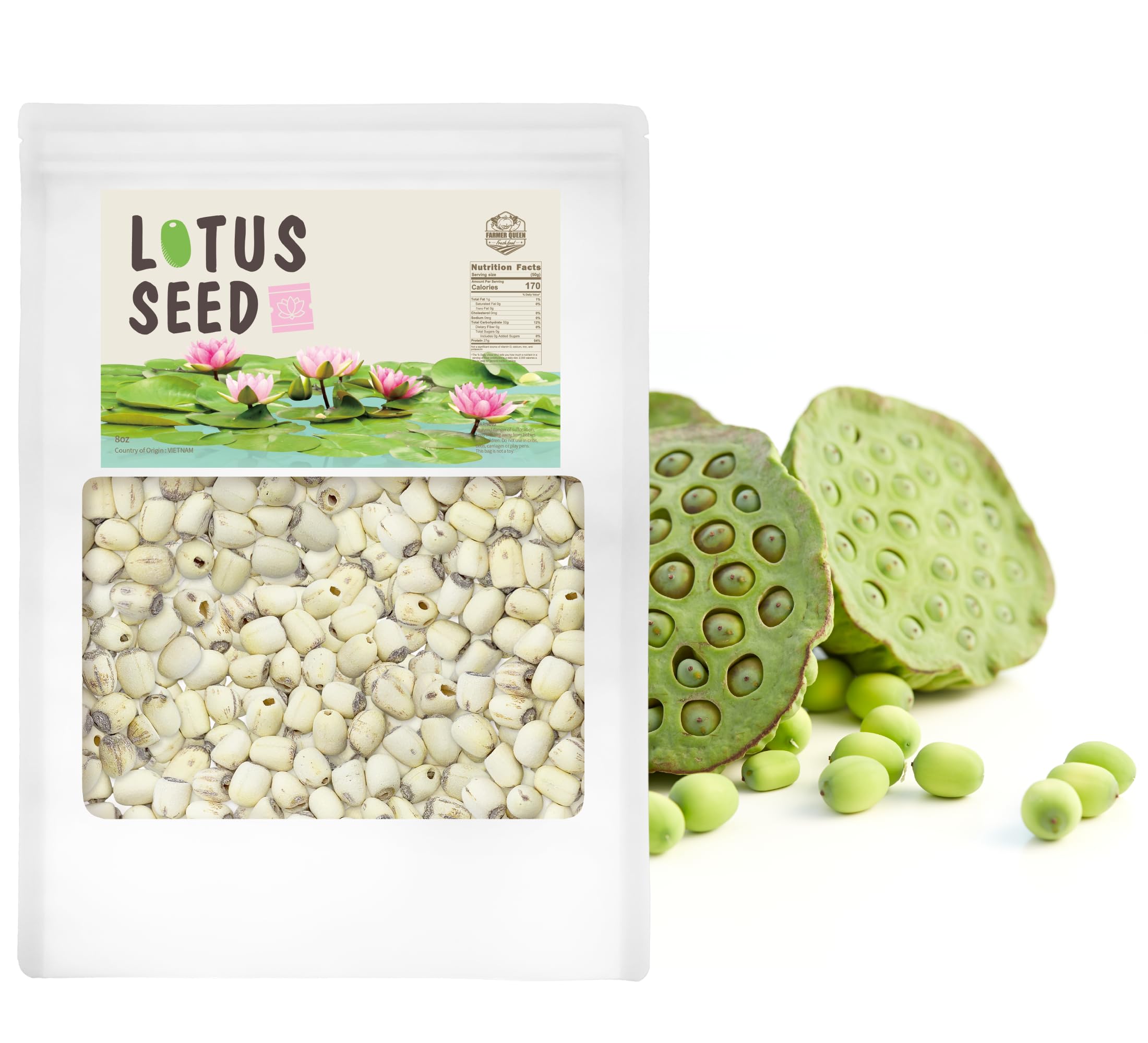 Farmer Queen Dried Lotus Seeds 8 Ounce for Tea & Baking Rich In Methionine Good for Gut health and Diet