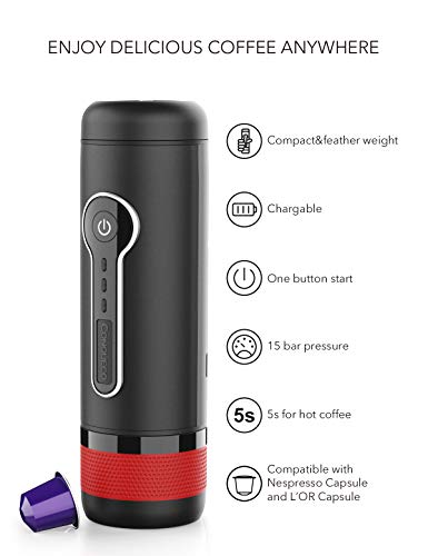 CONQUECO Portable Coffee Maker: 12V Travel Espresso Machine, 15 Bar Pressure Rechargeable Battery Heating Water for Camping, Driving, Home and Office