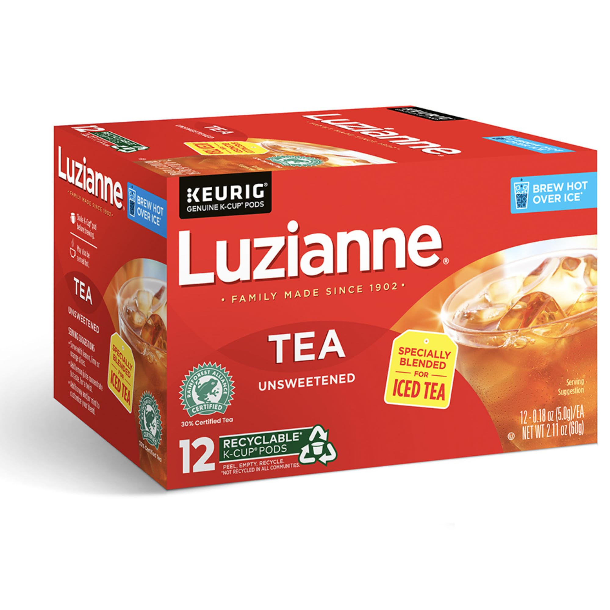 Luzianne Unsweetened Iced Tea, Single Serve Tea K-Cups for Keurig, Authentic Southern Blend of Orange Pekoe and Pekoe Cut Black Teas, 12 Count (Pack of 6)