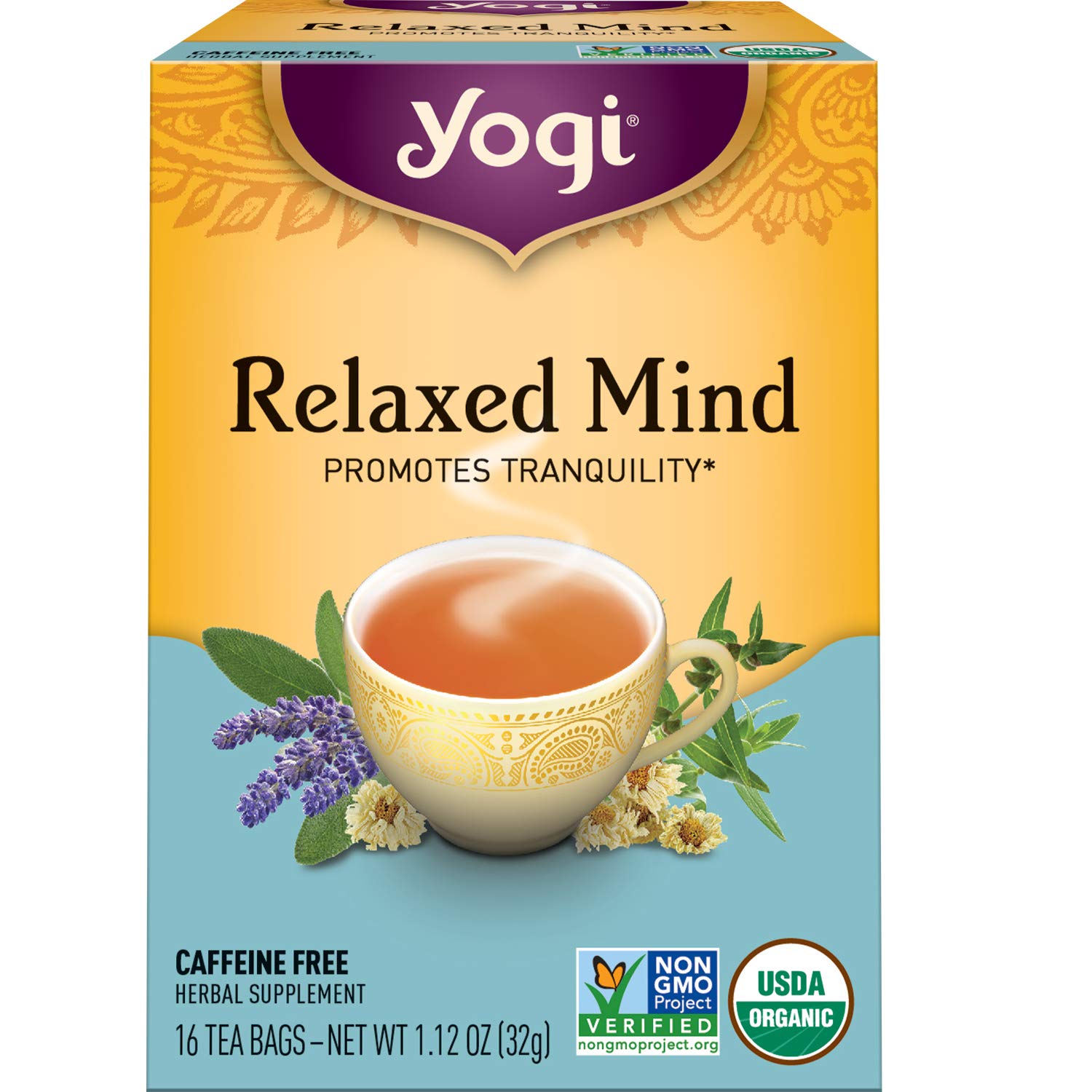 Yogi Tea - Relaxed Mind (6 Pack) - Supports Tranquility - Calming Tea with Gotu Kola and Lavender - Caffeine Free - 96 Organic Herbal Tea Bags