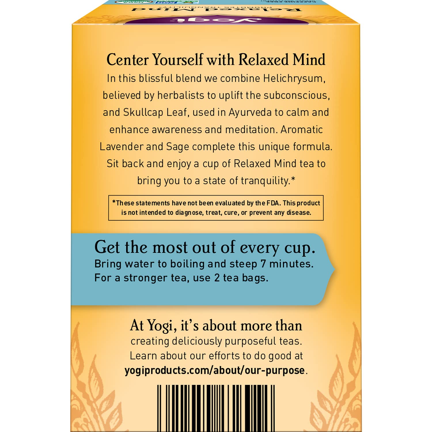 Yogi Tea - Relaxed Mind (6 Pack) - Supports Tranquility - Calming Tea with Gotu Kola and Lavender - Caffeine Free - 96 Organic Herbal Tea Bags