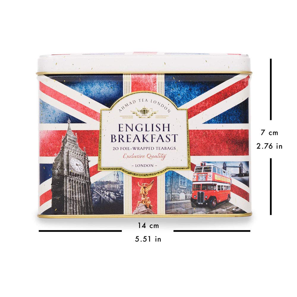 Ahmad Tea Black Tea, Nostalgic Britain Metal Caddy, English Breakfast Tea, 20 foil teabags - Caffeinated & Sugar-Free