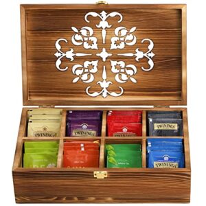 coloch wooden tea bag storage box with carved lid, 8-compartment tea chest organizer spice packets container for living room, kitchen, office, home decor