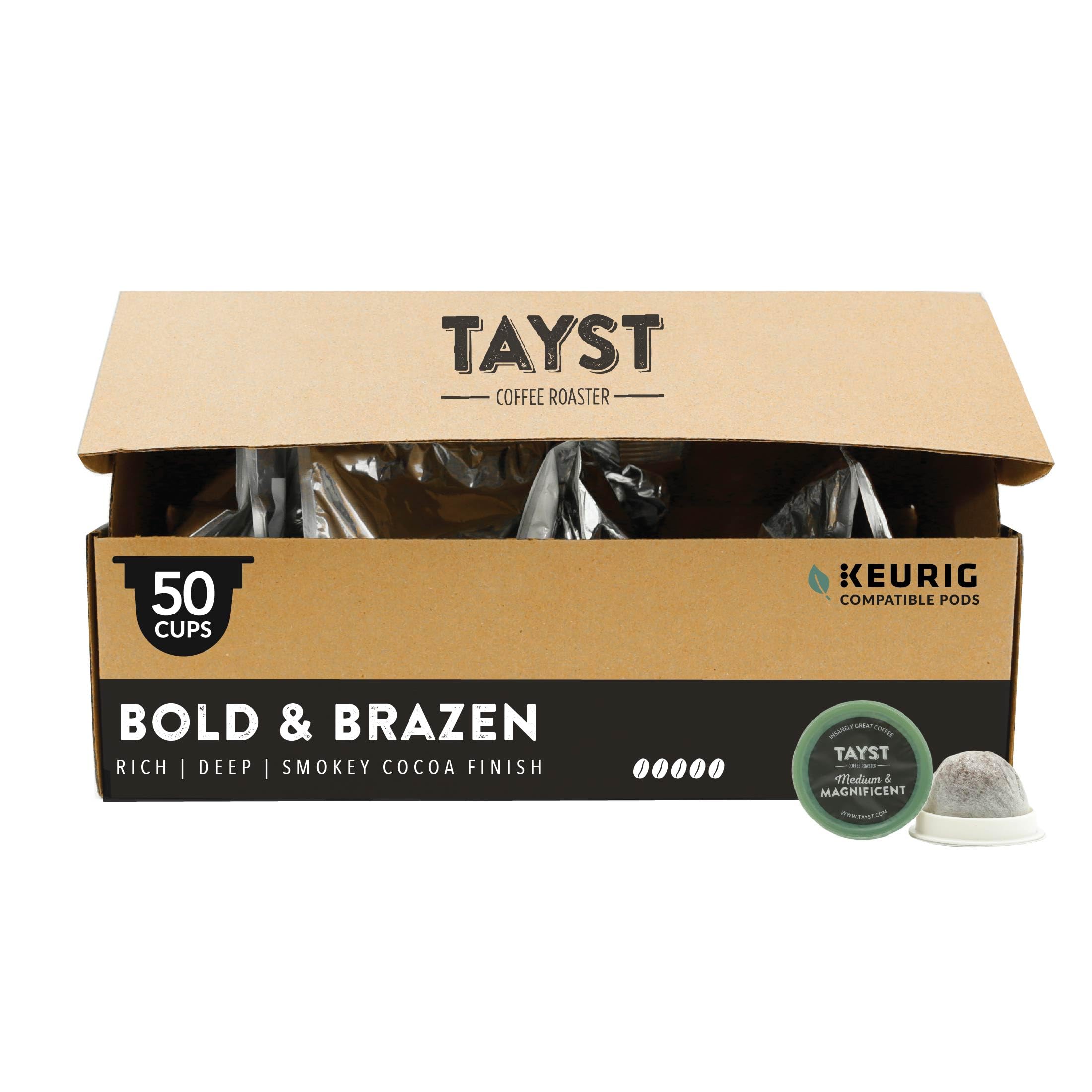 Tayst Coffee Pods, Bold & Brazen Dark Roast, K Cups Compatible with Keurig Coffee Maker, Sustainable Single Serve, Pack of 50