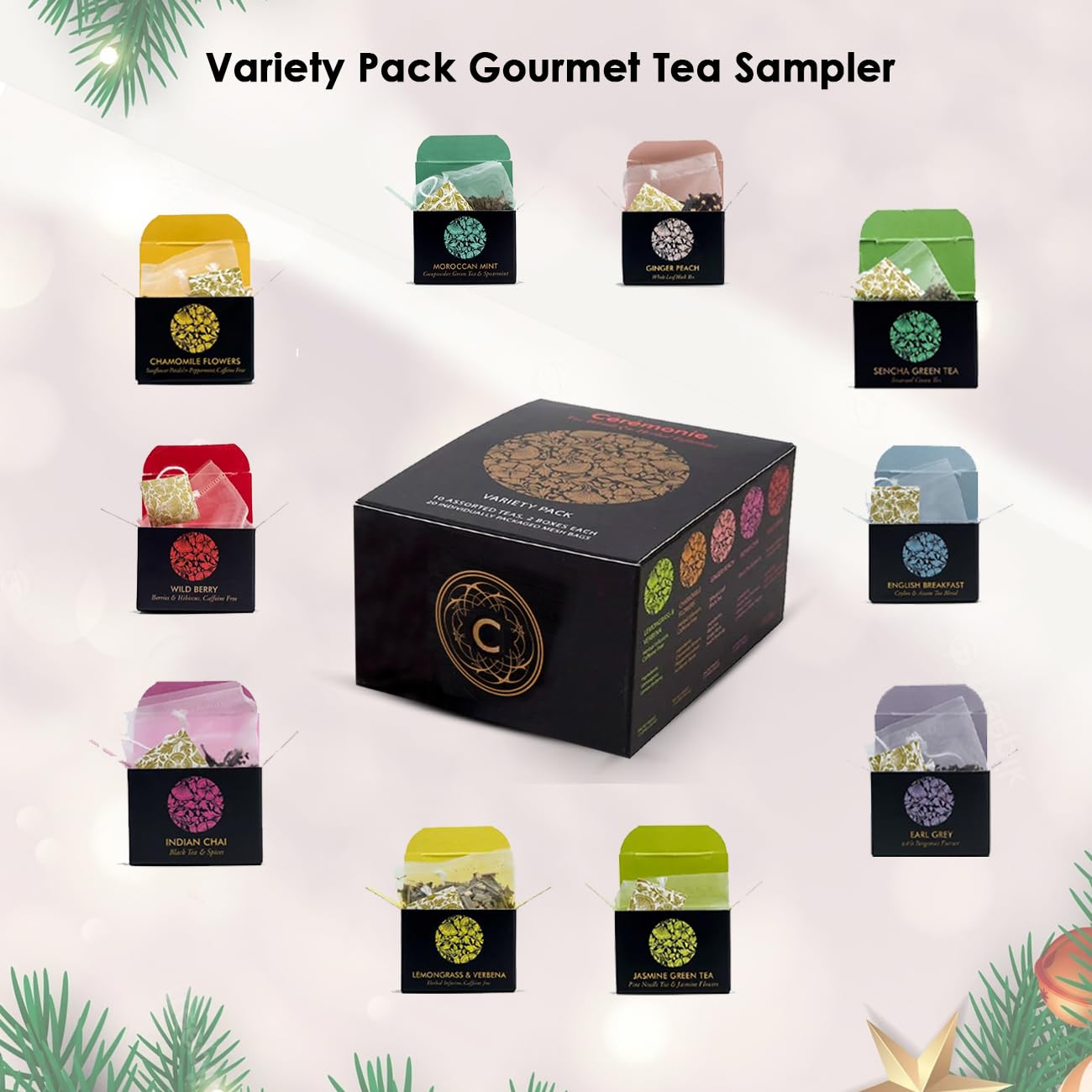 Variety Pack Gourmet Tea Sampler, by Ceremonie Tea. A Collection of 10 Different Assorted Single Serve Flavors, Set of 2 each Petite Mini Cube Tea Bags.20 total silk cubes (Pack of 20)