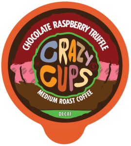 crazy cups flavored coffee for keurig k-cup machines, decaf chocolate raspberry truffle, hot or iced coffee, 80 single serve, recyclable pods