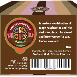 Crazy Cups Flavored Coffee for Keurig K-Cup Machines, Decaf Chocolate Raspberry Truffle, Hot or Iced Coffee, 80 Single Serve, Recyclable Pods