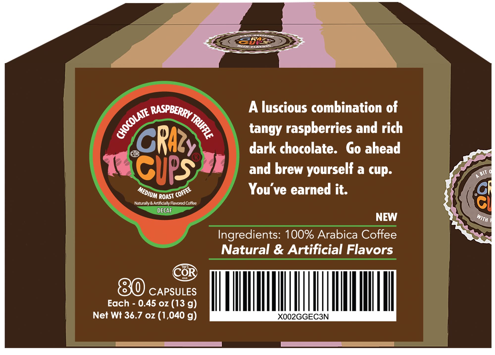 Crazy Cups Flavored Coffee for Keurig K-Cup Machines, Decaf Chocolate Raspberry Truffle, Hot or Iced Coffee, 80 Single Serve, Recyclable Pods