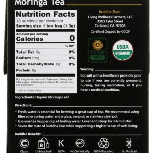 Buddha Teas Organic Moringa Tea - OU Kosher, USDA Organic, CCOF Organic, 18 Bleach-Free Tea Bags